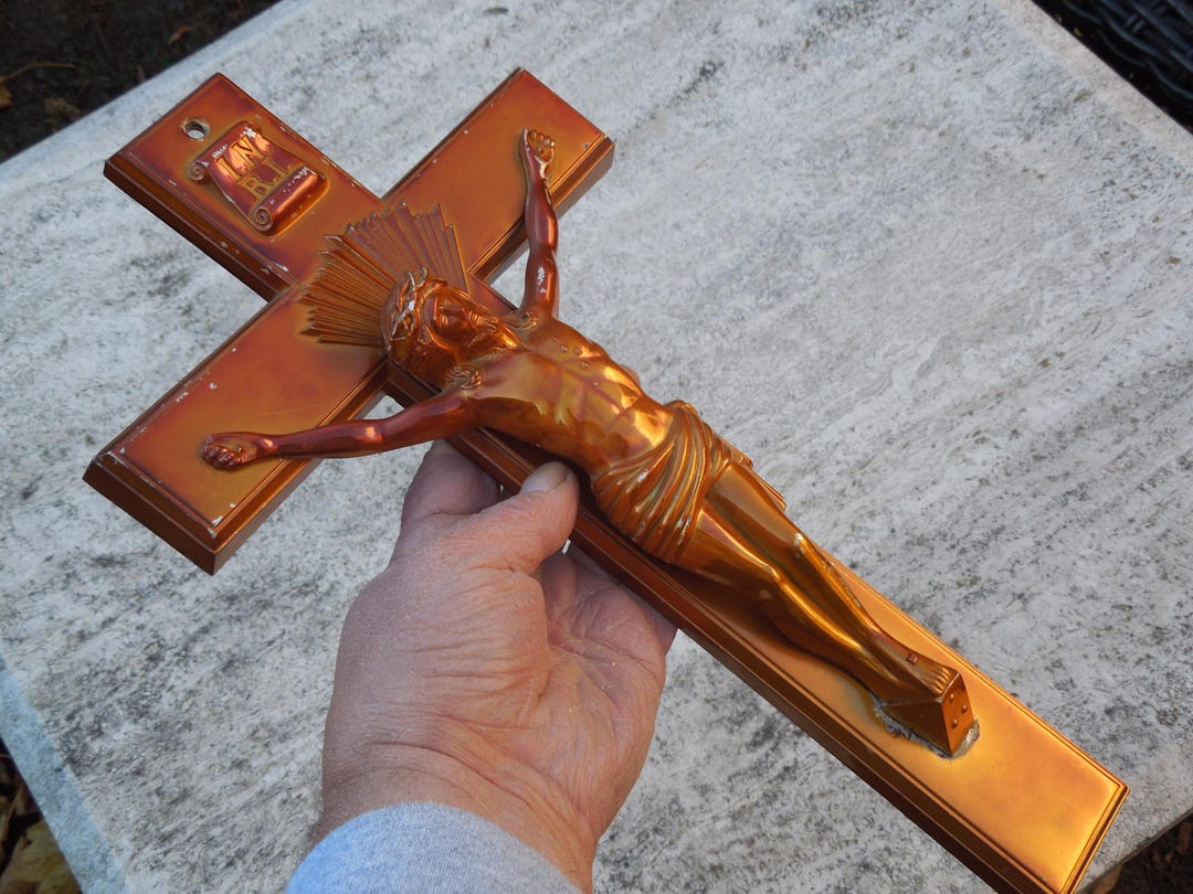Mid Century Magnetic Coffin Crucifix, Large Copper Metal Jesus on Cross ...