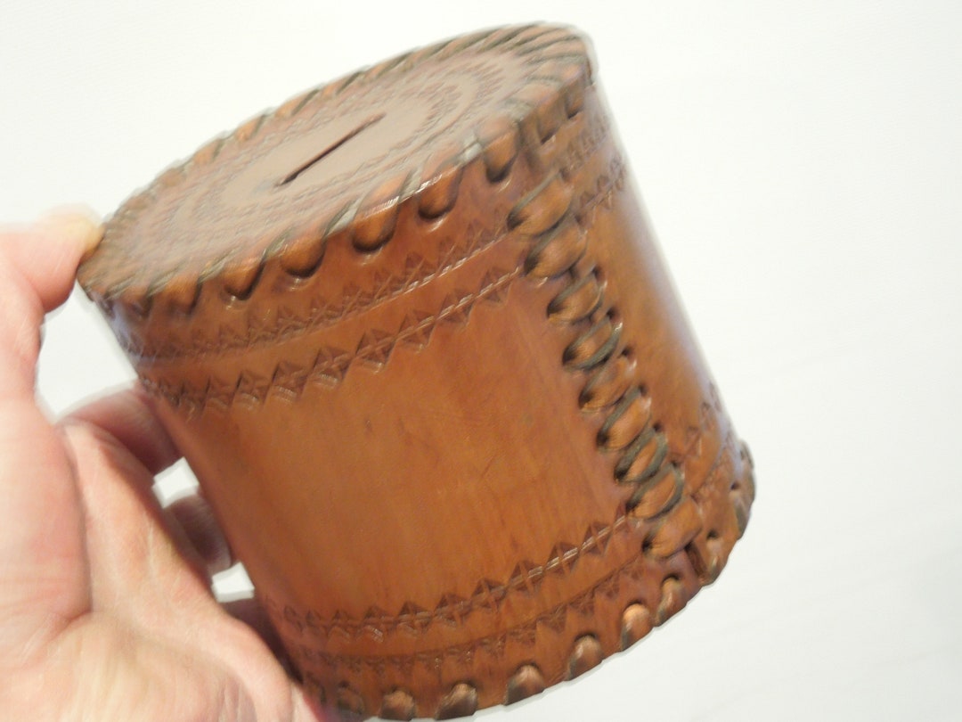 Moroccan Handcrafted Leather Canister Coin Bank, Aged Leather Goatskin ...