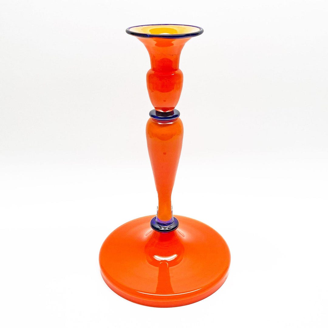 Vintage Tango-style Orange & Blue Glass Single Candlestick Holder, 11 ...