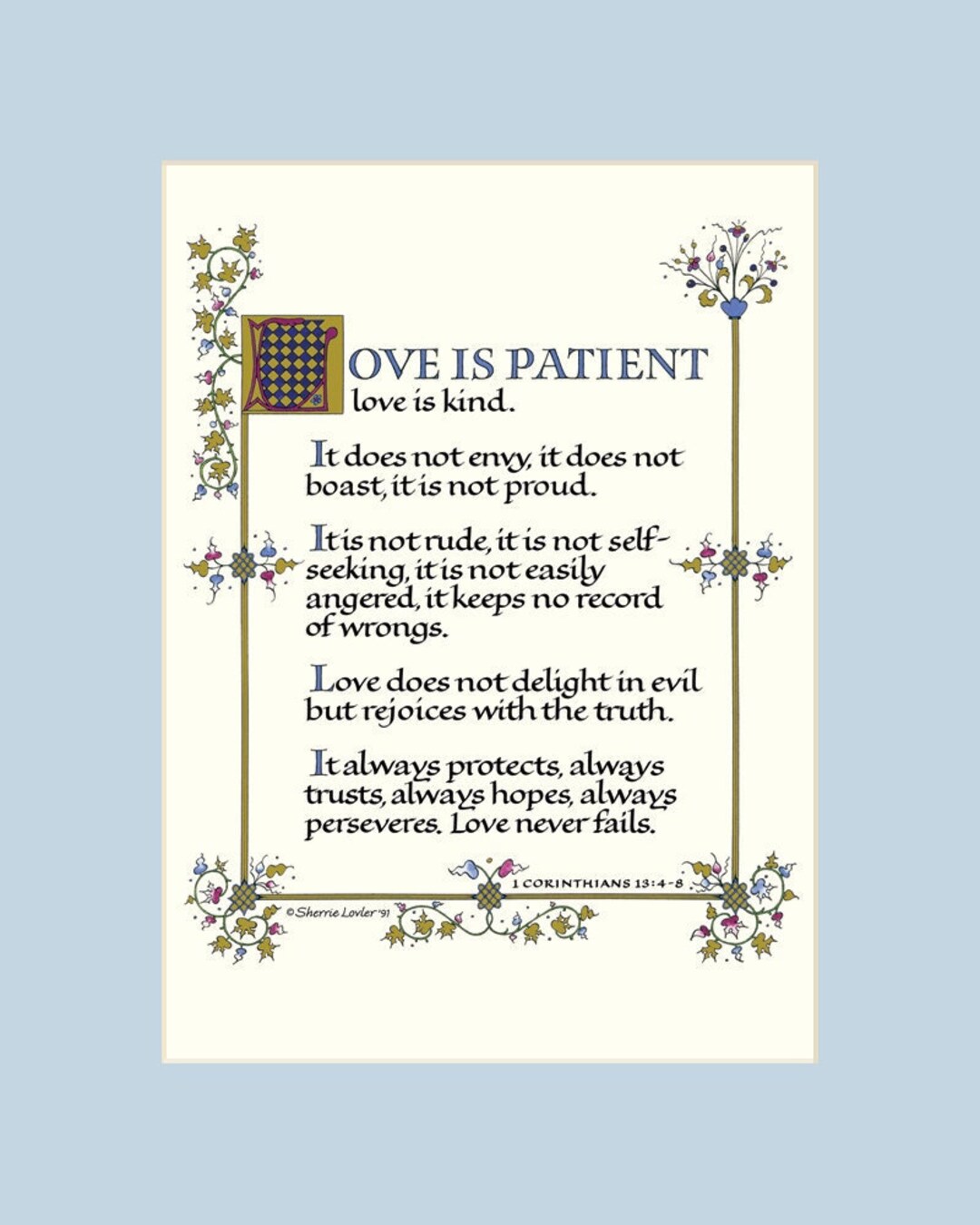 Love is Patient Calligraphy Print, 1 Corinthians 13:4-8, Religious Wall ...