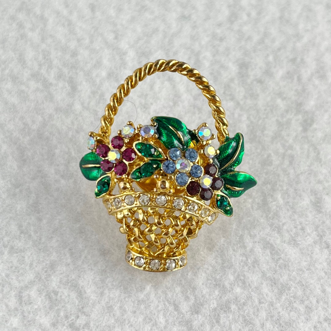 Gold Tone Flowers With Crystals Basket Pin - Etsy