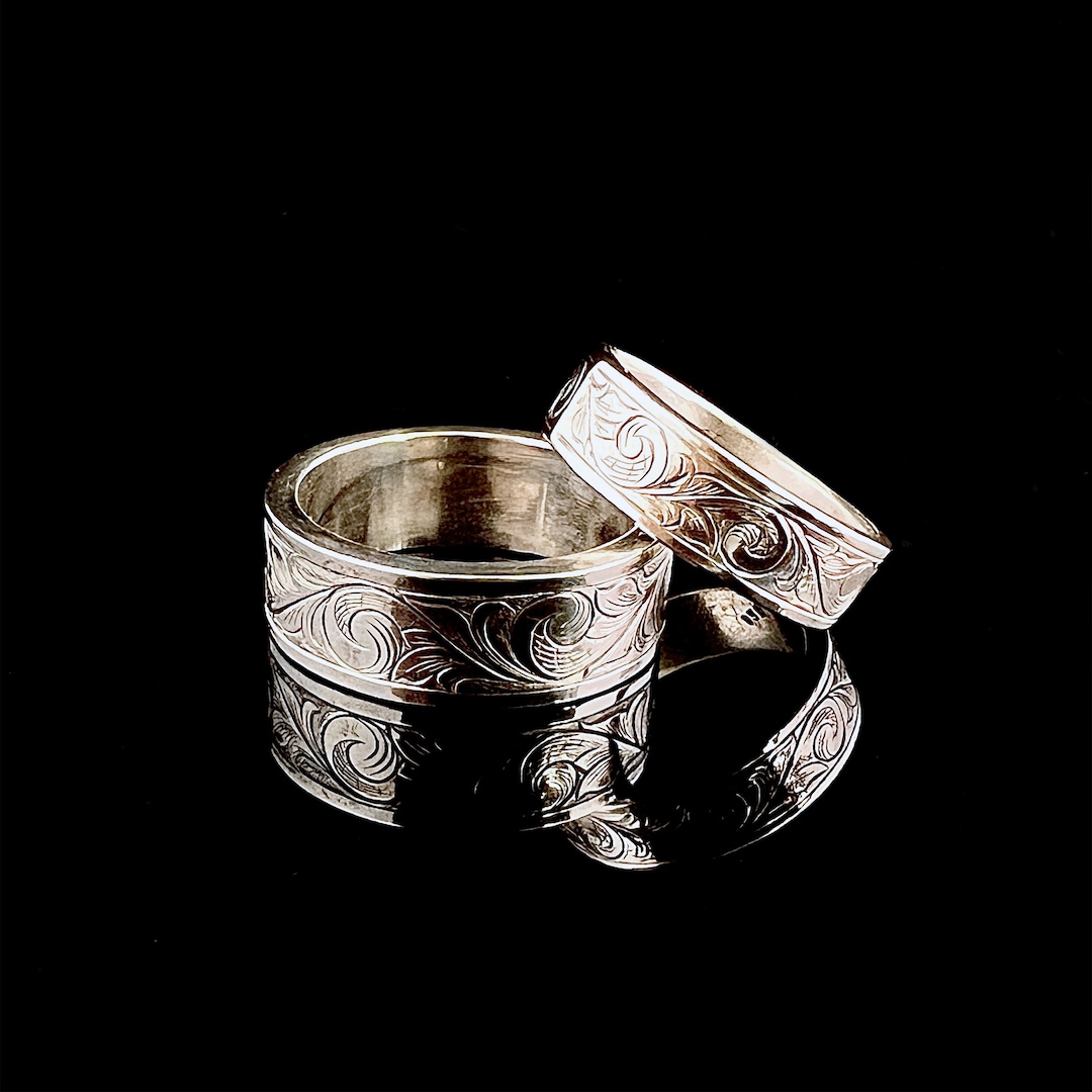Western Wedding Band Set - Hand Engraved - Etsy