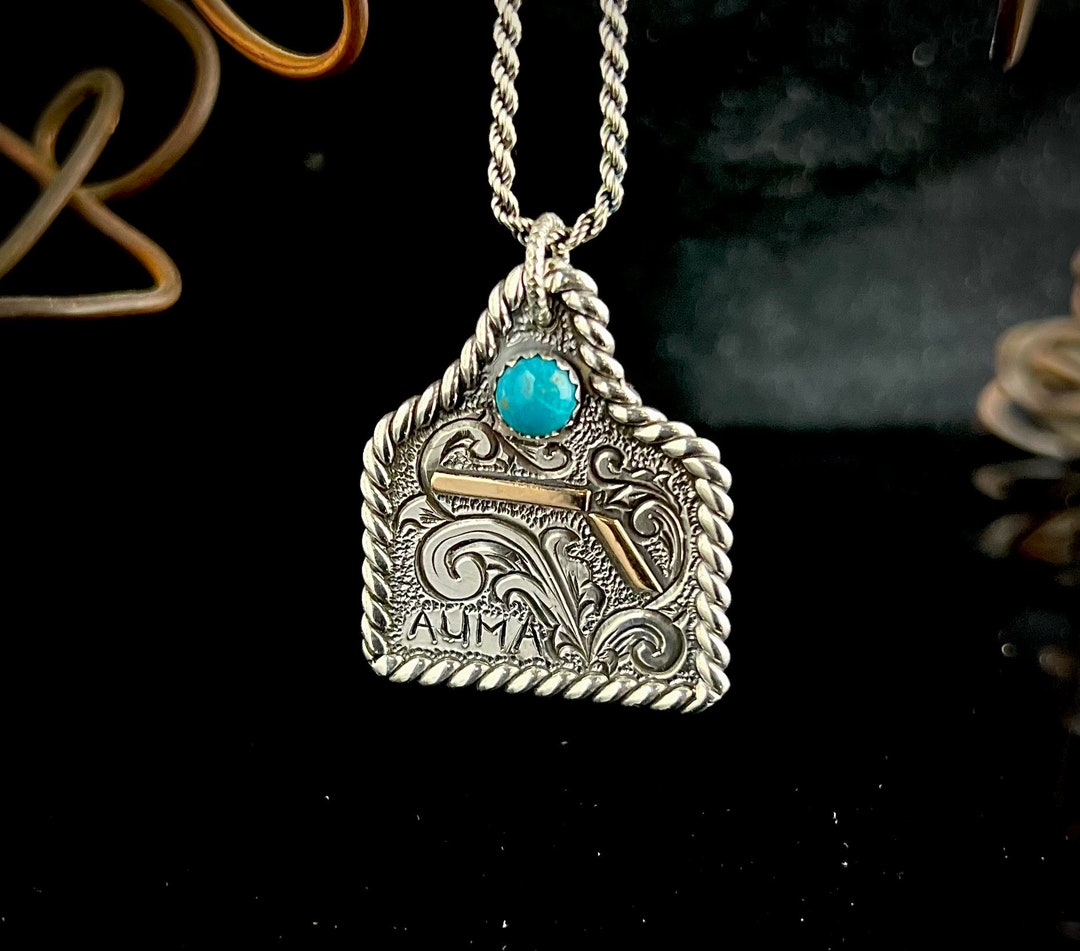 Cow Tag Pendant & Necklace, Silver, Turquoise - Etsy