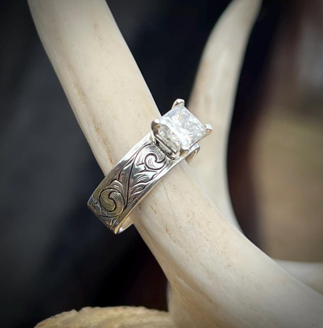 Western Engagement Ring 1ct Princess Cut Moissenite Gemstone - Etsy