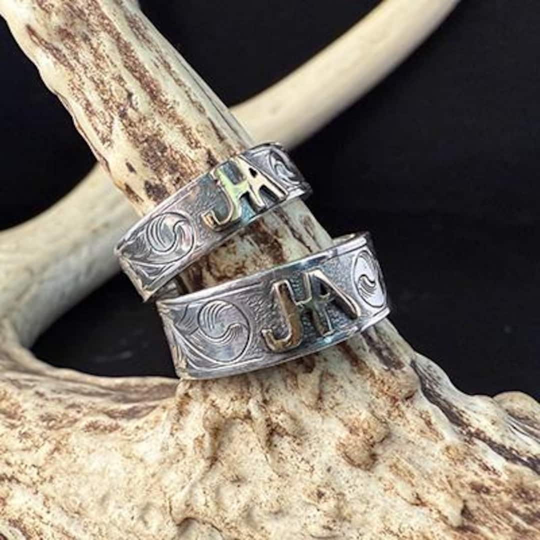 Western Wedding Band Set *GOLD Custom Brand - Hand Engraved - Etsy