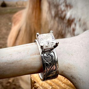 Western Engagement Ring 1ct Princess Cut Moissenite Gemstone - Etsy