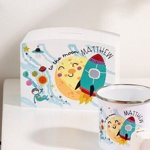 Wooden Space Themed Boys Money Pot - Children's Illustrated Piggy Bank ...