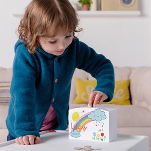 Rainbow and Clouds Personalised Money Box in White Painted Wood ...
