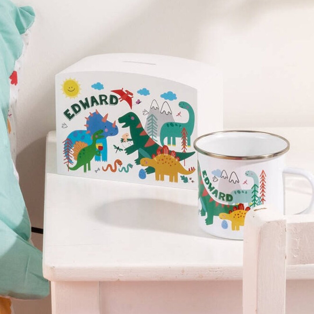Dinosaur Personalised Money Box in Painted White Wood - Children's Dino ...