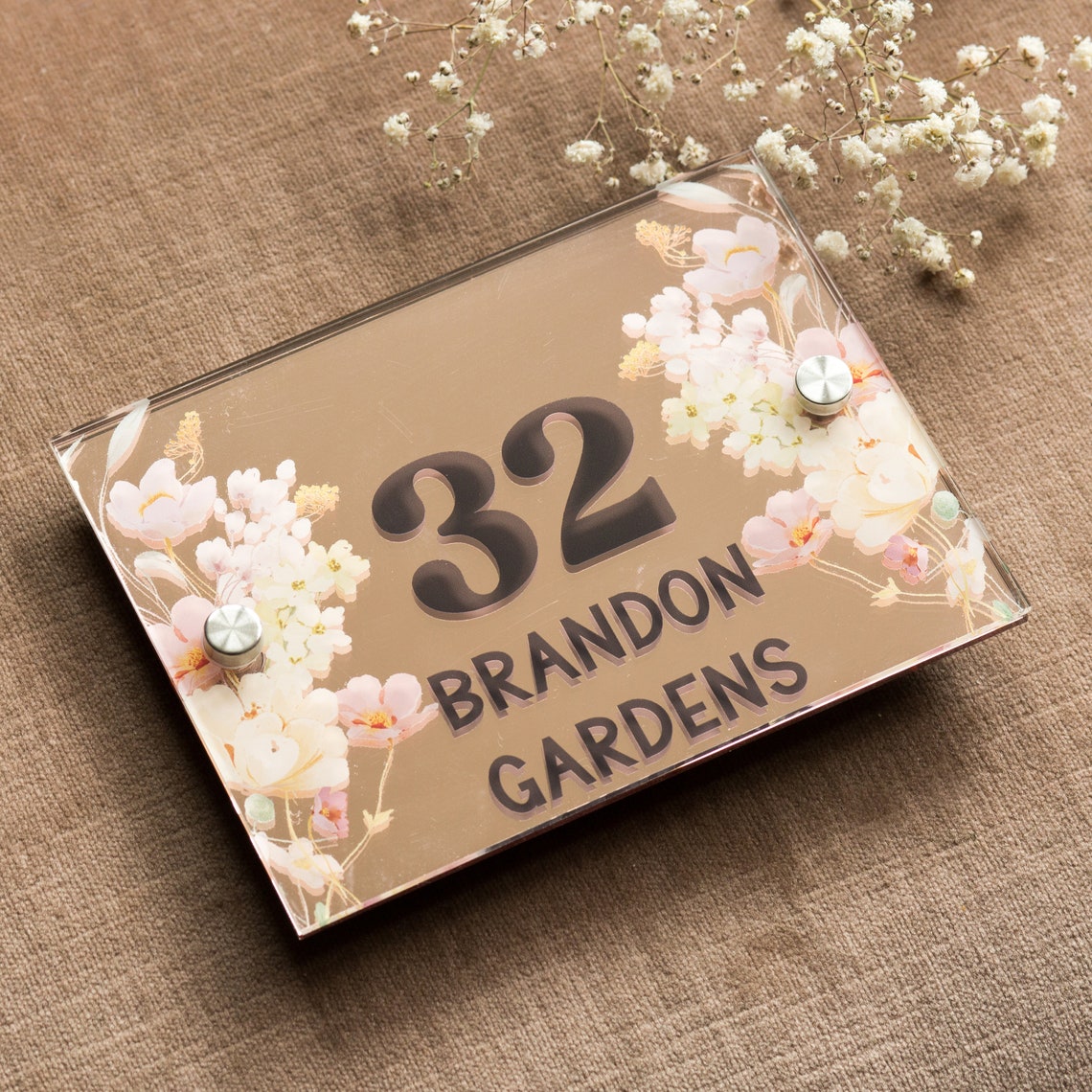Personalised Mirrored Dusky Pink Flowers House Plaque | Acrylic Door ...