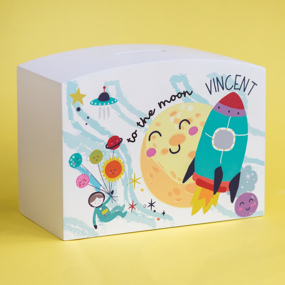 Wooden Space Themed Boys Money Pot - Children's Illustrated Piggy Bank ...