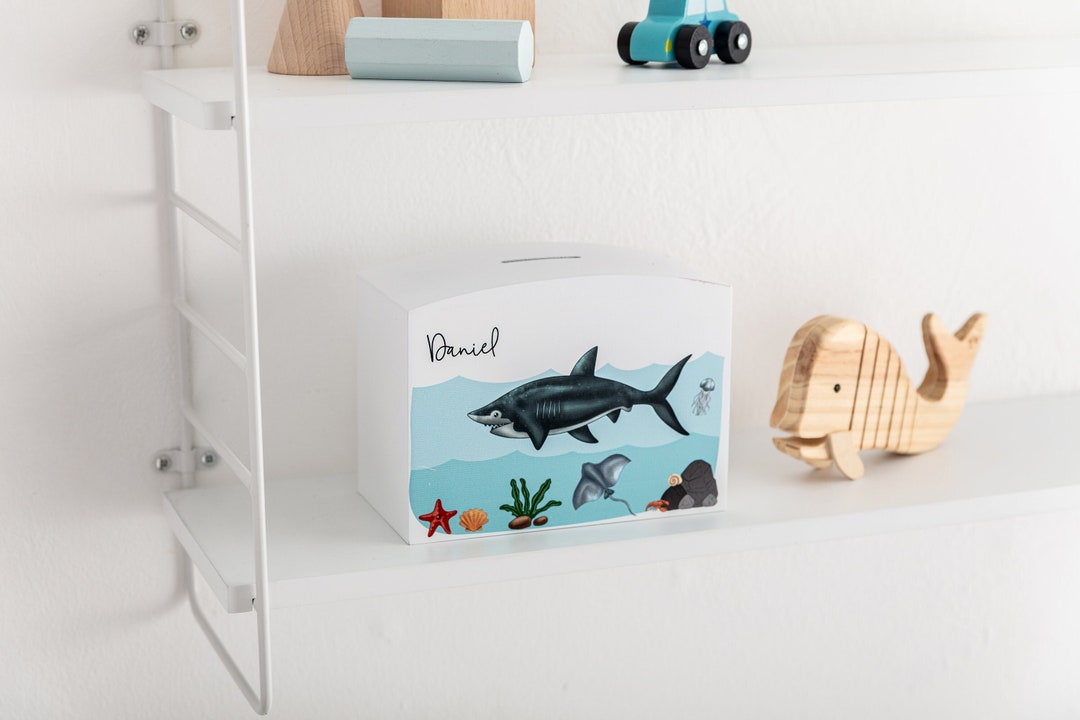 White Wood Personalised Shark Money Pot - Painted White Ocean Themed ...