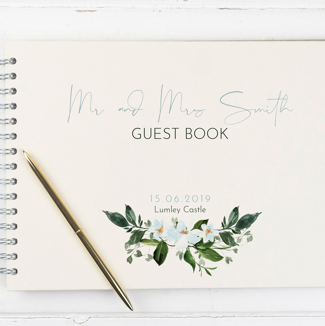 Blue Floral Personalised Wedding Guest Book - Personalised Wedding Book ...