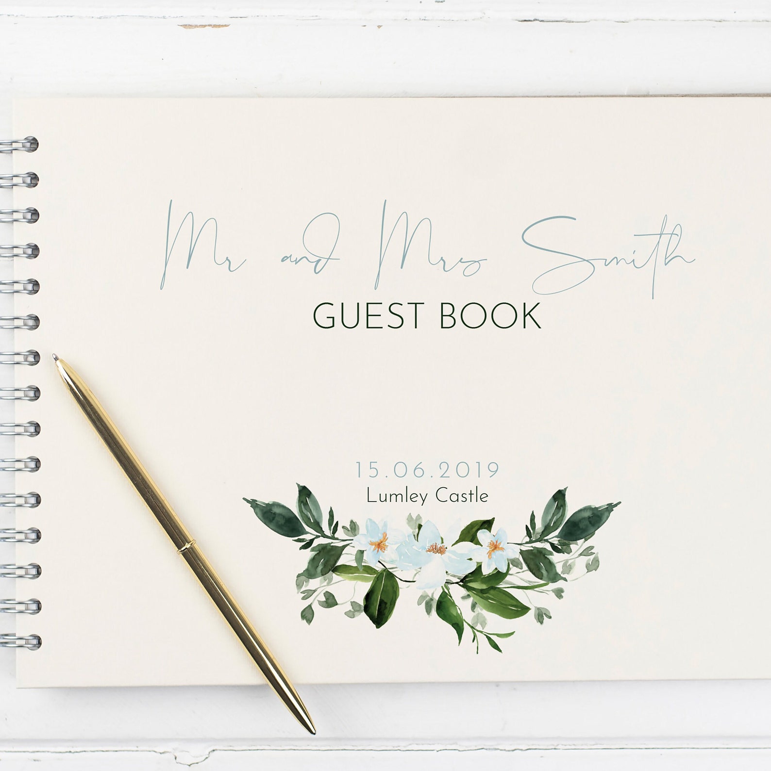 Blue Floral Personalised Wedding Guest Book - Personalised Wedding Book ...