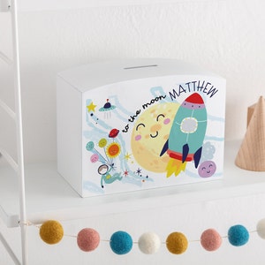 Wooden Space Themed Boys Money Pot - Children's Illustrated Piggy Bank ...