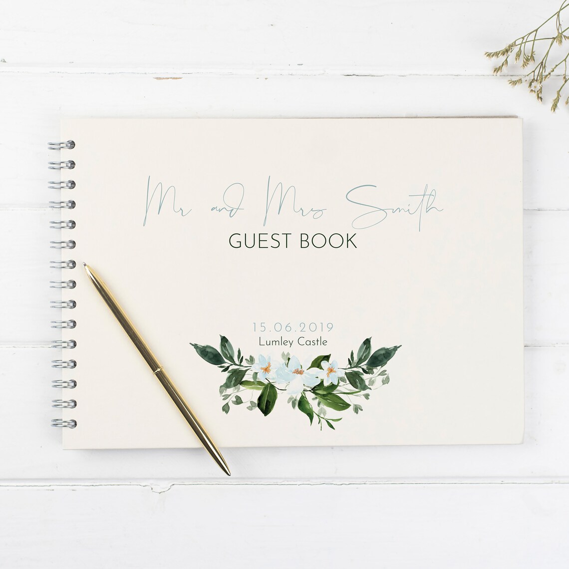 Blue Floral Personalised Wedding Guest Book - Personalised Wedding Book ...