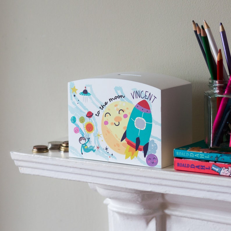 Wooden Space Themed Boys Money Pot - Children's Illustrated Piggy Bank ...