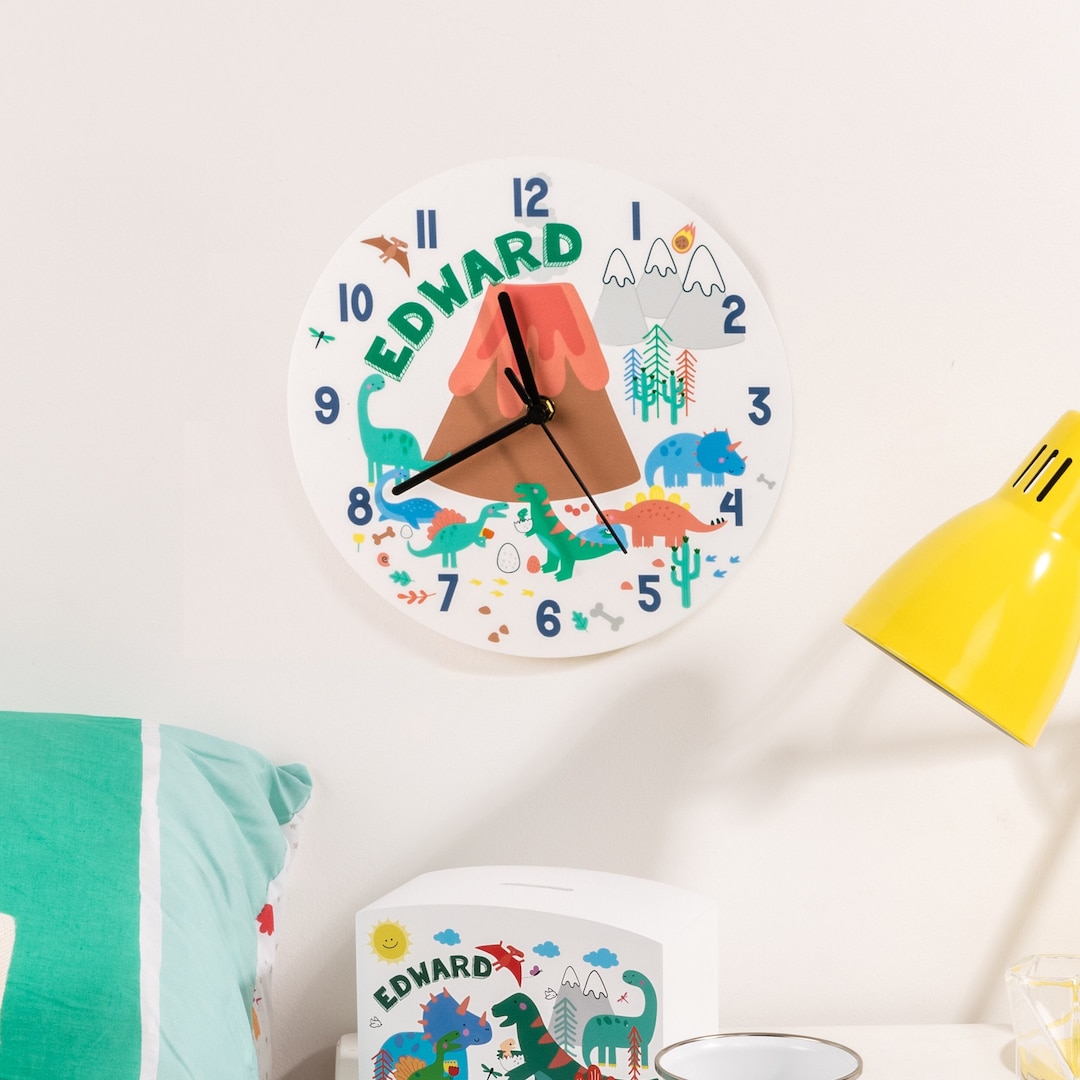 Children's Personalised Dinosaur Species and Volcano Clock - Kids ...