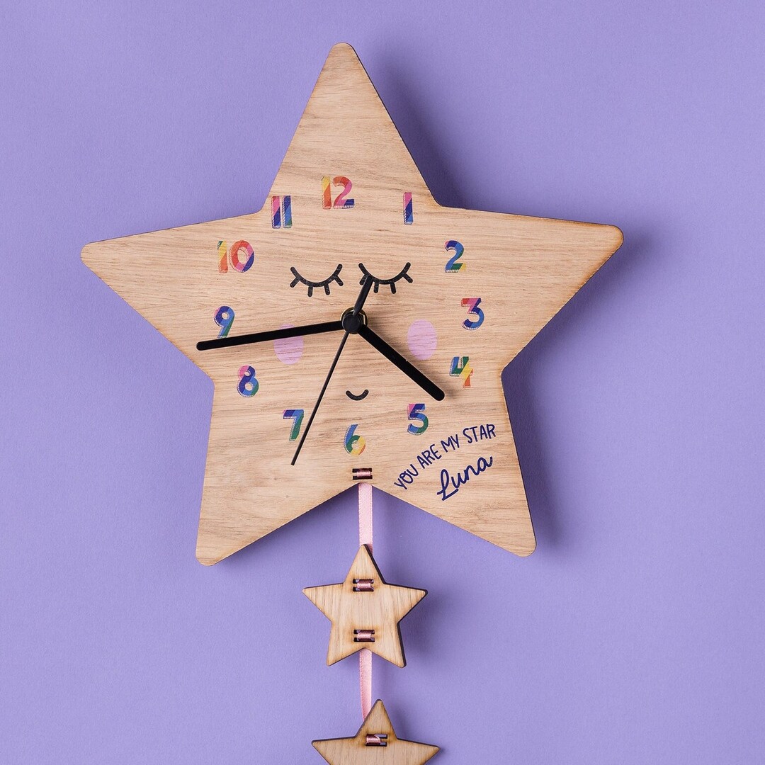 Sleeping Star Children's Personalised Oak Wood Clock With Rainbow ...
