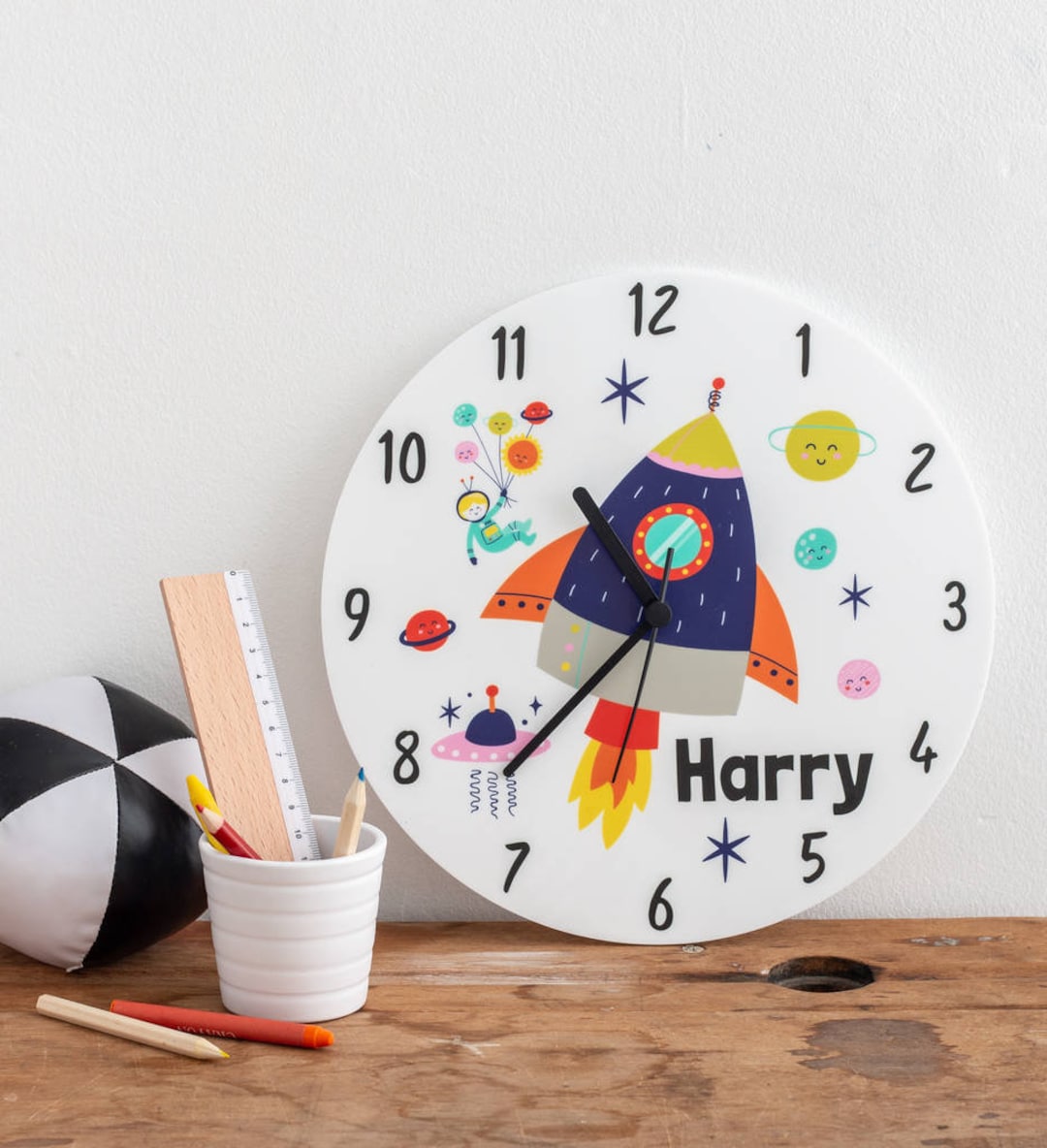 Space Theme Personalised Bedroom Clock Gift - Kids Illustrated Space ...