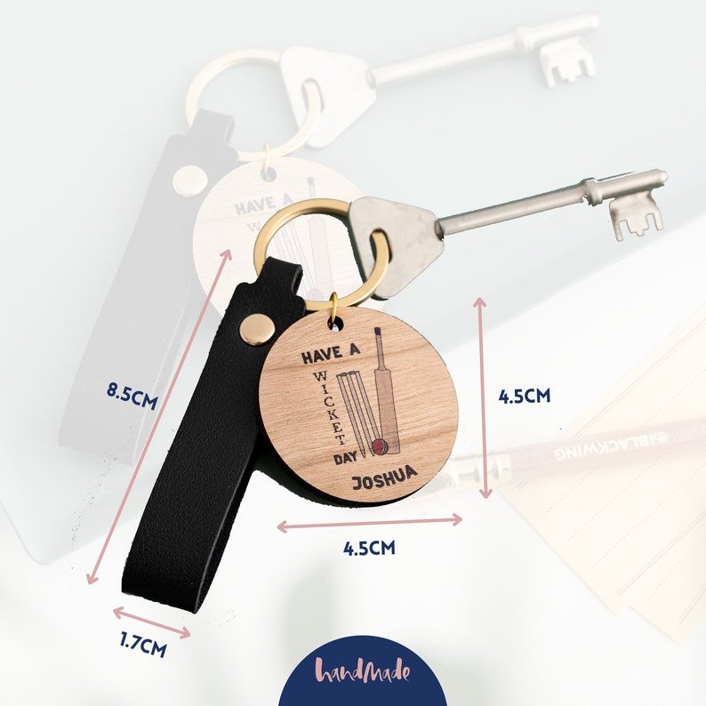 Cricket Pun Personalised Round Oak Wood and PU Leather Keyring | | the ...