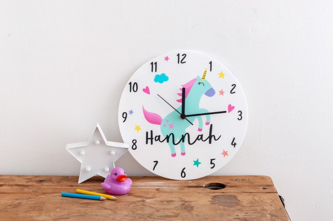 Child's Unicorn Personalised Clock - Illustrated Unicorn Kids Bedroom ...
