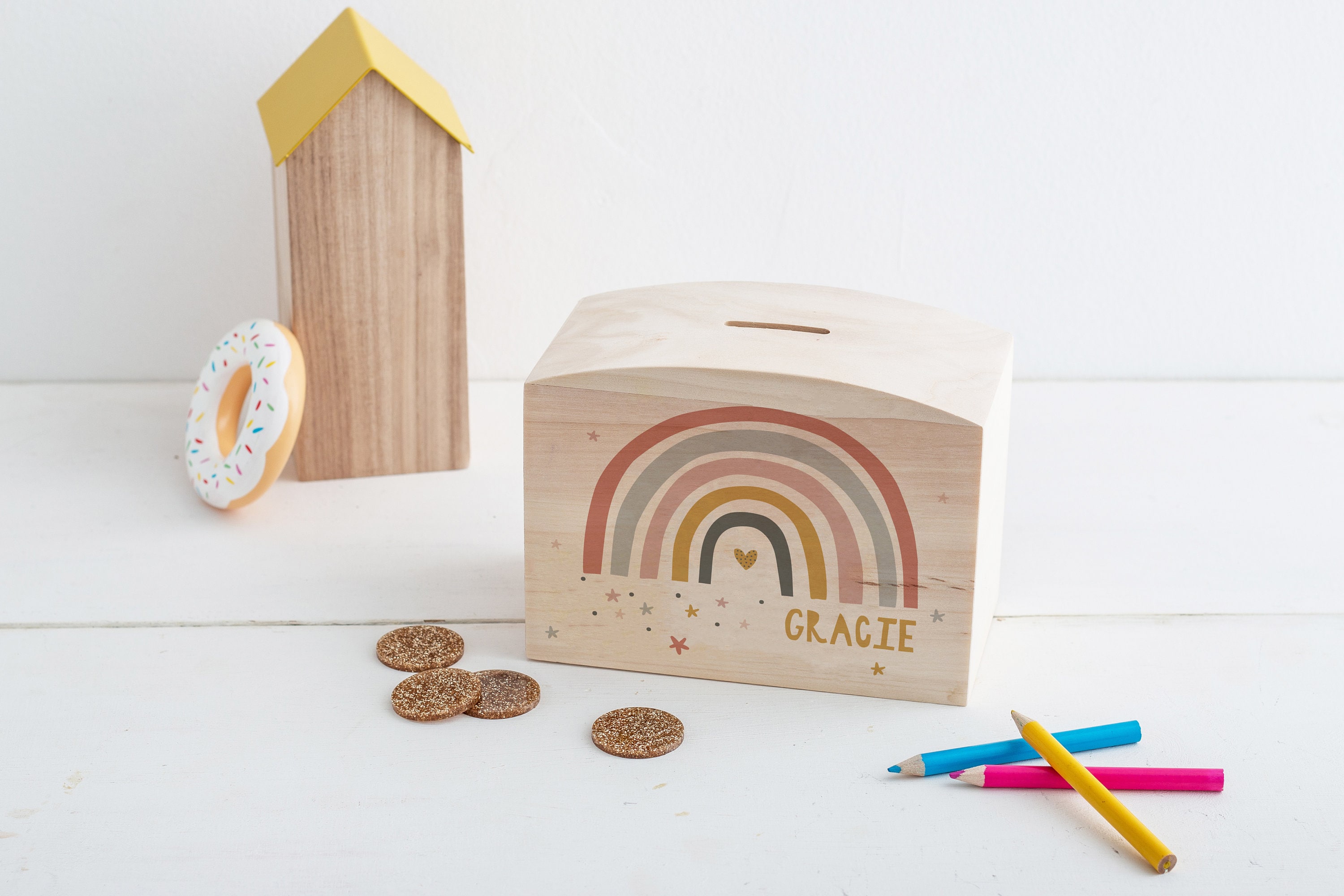 Wooden Personalised Wood Modern Rainbow Money Pot Piggy Bank Money Pot ...