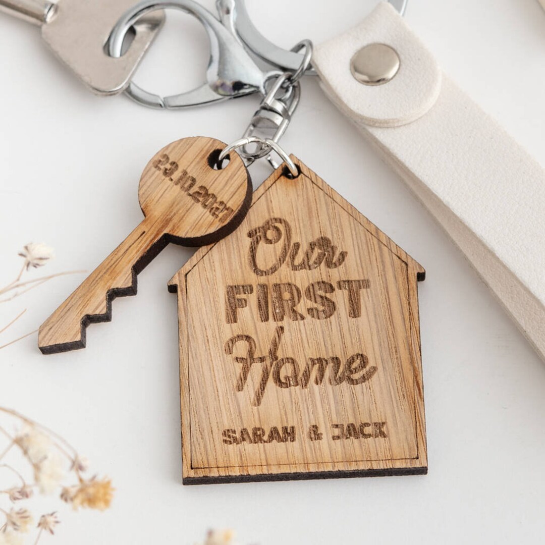 House and Mini Key Tag Personalised Oak Wood Keyring - Etsy