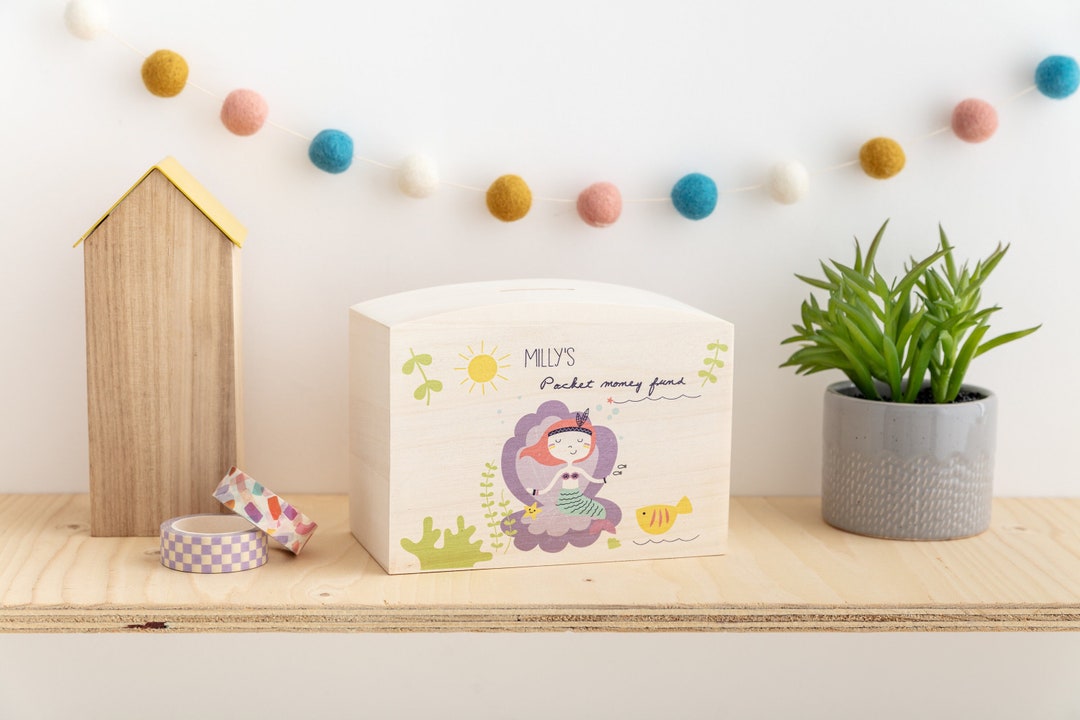 Mermaid Themed Wooden Personalised Money Pot Piggy Bank - Etsy