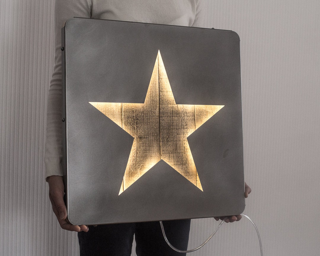 Large Metal and Wood LED Star Sign | Industrial Decor | Man Cave Wall ...