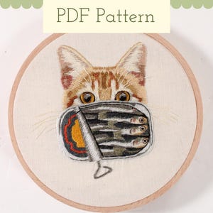 Orange Cat Hand Embroidery Pattern PDF – Tabby Cat & Sardine Tin Thread ...