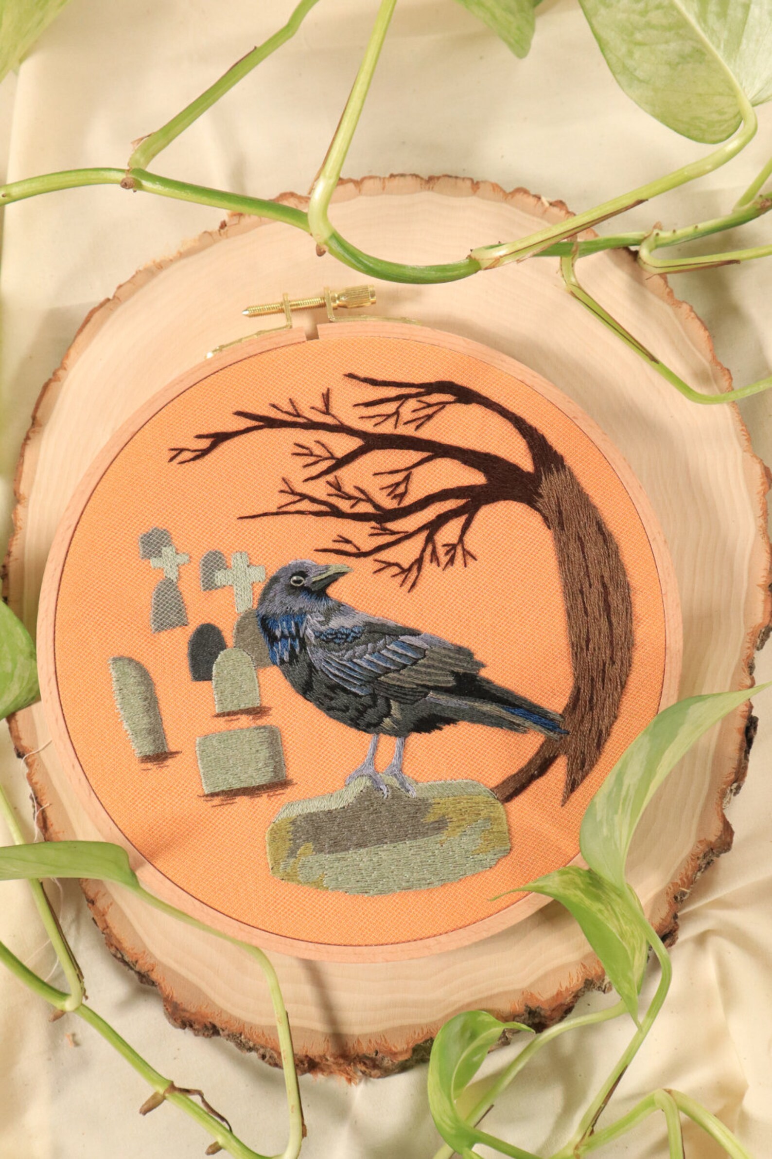 Raven in Graveyard, Completed Embroidery Hoop Art, Finished Crow in Cemetery Embroidery - Etsy