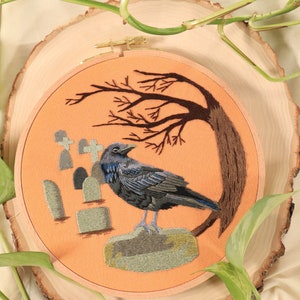 Raven in Graveyard, Completed Embroidery Hoop Art, Finished Crow in ...