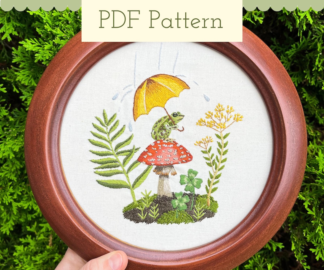 Frog and Mushroom Embroidery Pattern PDF, Woodland Thread Painting ...