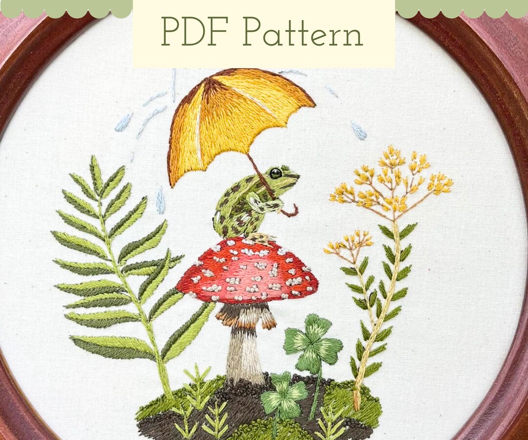 Frog and Mushroom Embroidery Pattern: Cottagecore Woodland Design (PDF ...