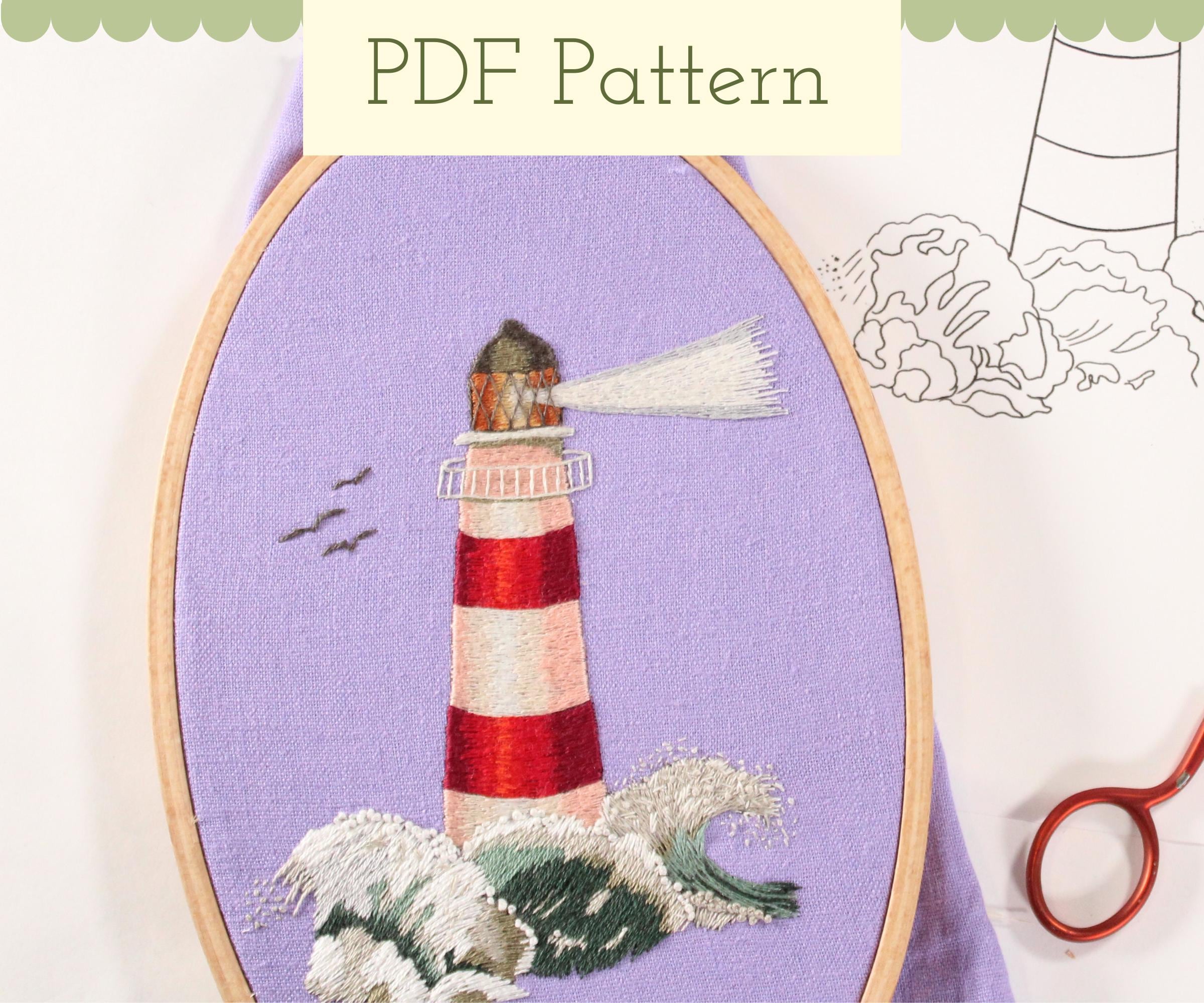 Lighthouse Embroidery Pattern, Coastal Thread Painting Design, Ocean ...