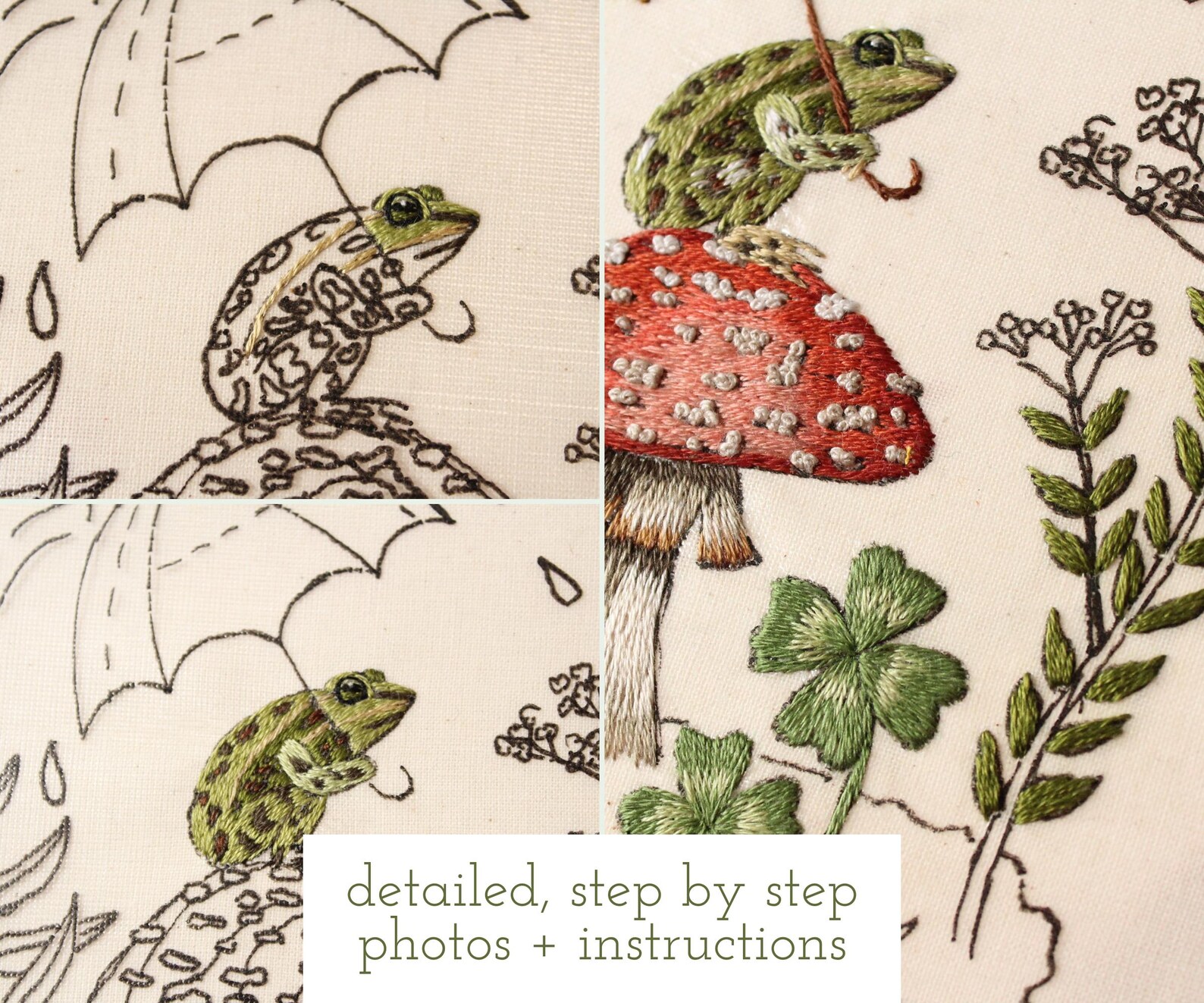 Frog and Mushroom Embroidery Pattern PDF, Woodland Thread Painting ...