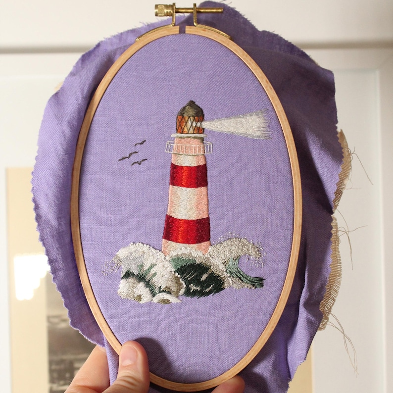 Lighthouse Embroidery Pattern, Coastal Thread Painting Design, Ocean ...