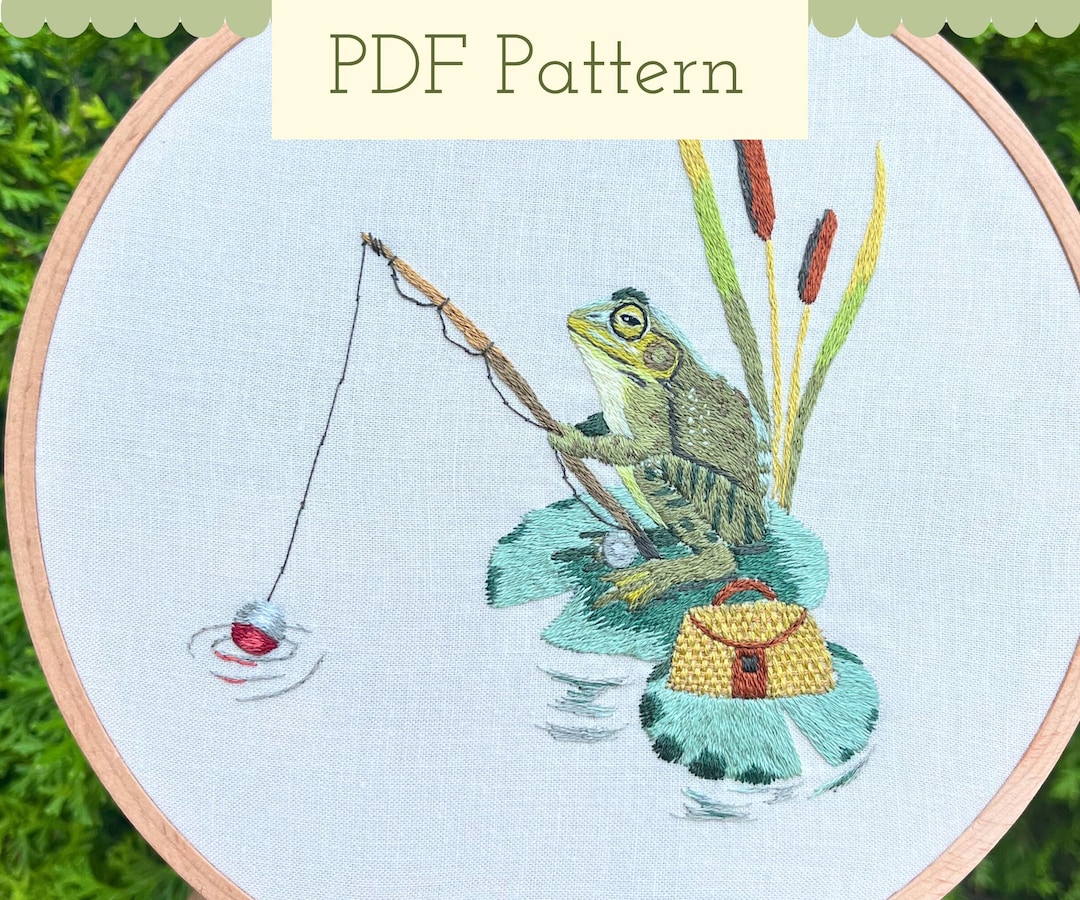 Fishing Frog Embroidery Pattern PDF – Whimsical Animal Embroidery ...