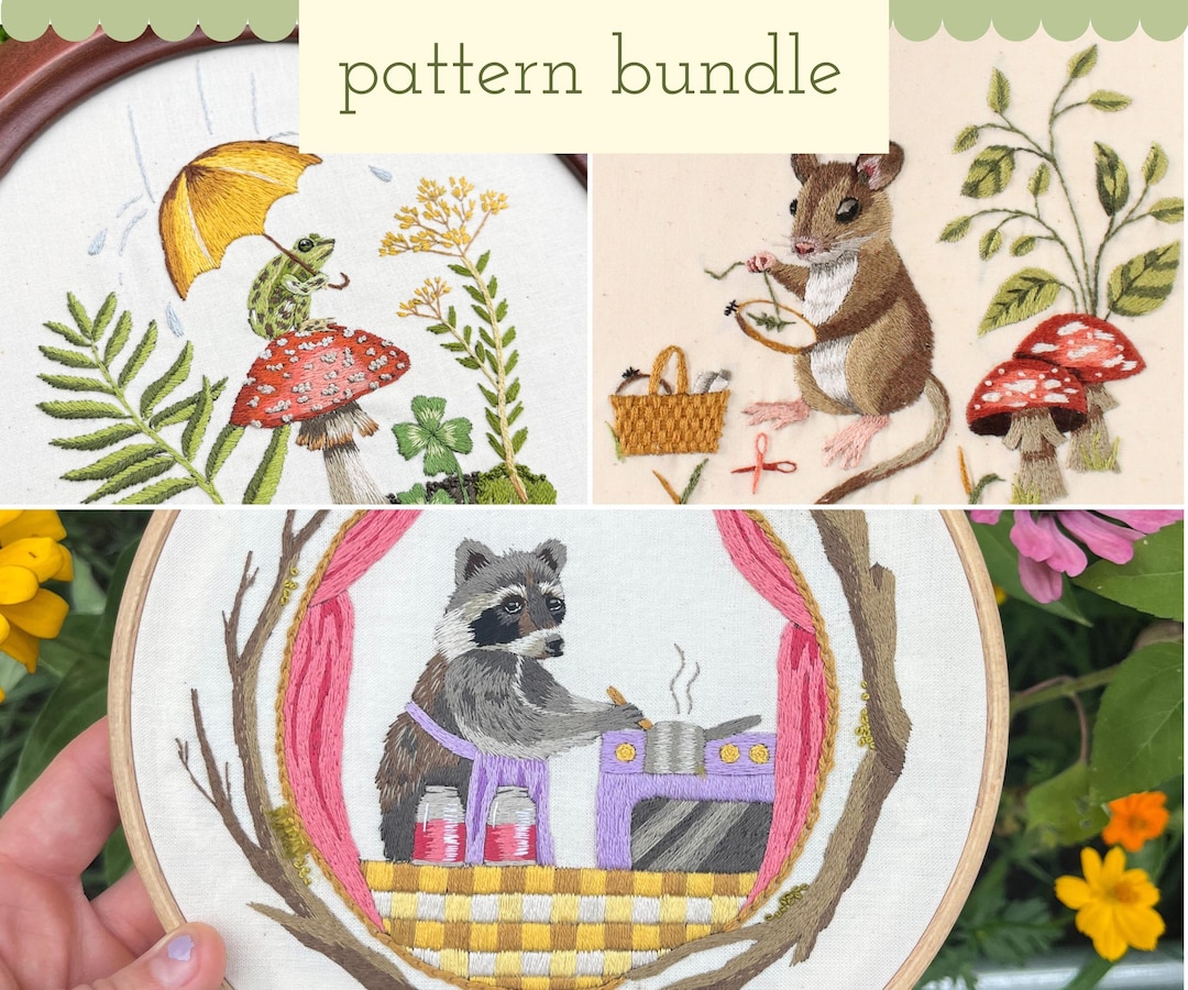Woodland Animal Embroidery Pattern Bundle: Frog, Mouse, Raccoon (PDF ...