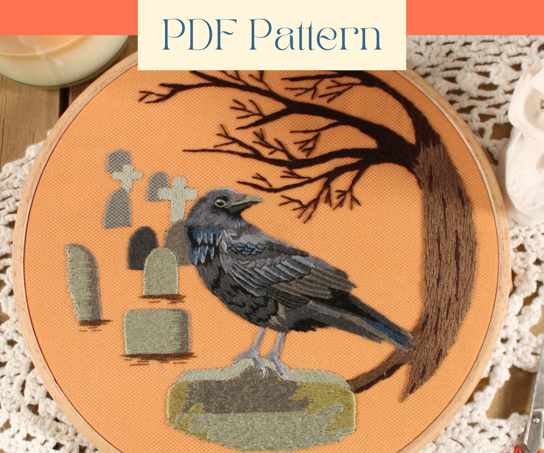 Spooky Halloween Raven Embroidery Pattern Crow in Graveyard - Etsy