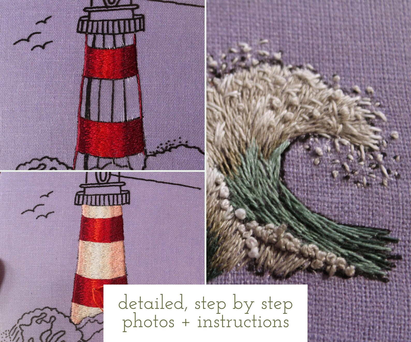 Lighthouse Embroidery Pattern, Coastal Thread Painting Design, Ocean ...