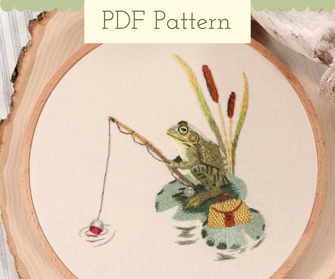 Fishing Frog Embroidery Pattern PDF, Thread Painting Pattern - Etsy