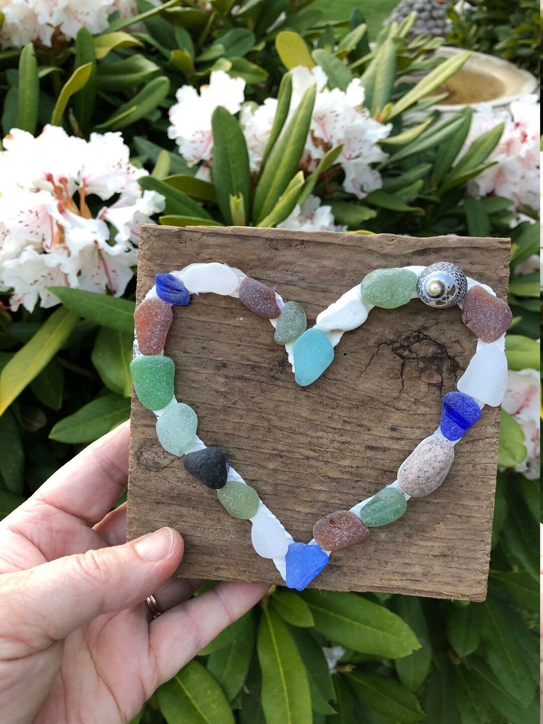 Sea Glass Heart Collage, Reclaimed Wood Art, Rustic Cottage Decor ...