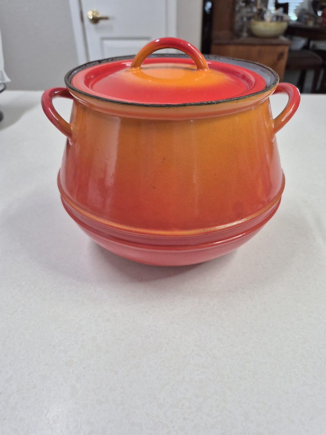2.5 Qt. Descoware Bean Pot Cast Iron Belgium Flame Red Orange Enamel W ...