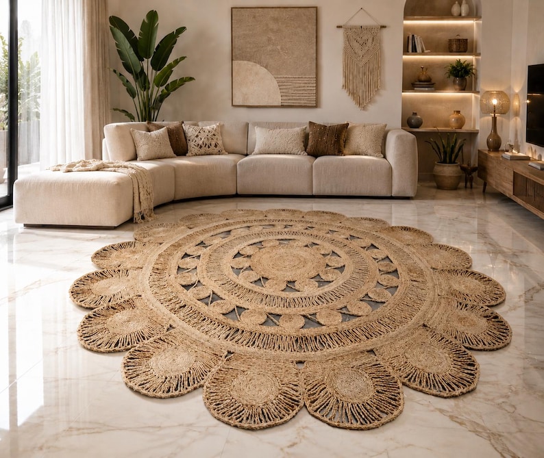 Handmade Round Jute Rug, Boho Floral Mandala Design, Scalloped Edge ...