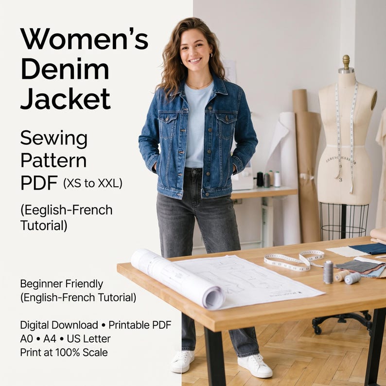 Women's Denim Jacket Sewing Pattern PDF, Beginner Friendly Tutorial ...