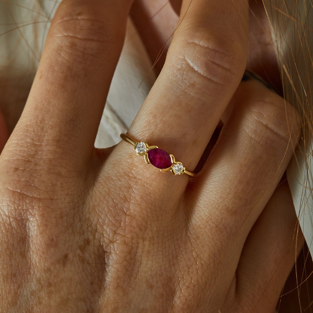 Diamond and Ruby Ring, Multi Stone Ring, Gold Ring Women, Solid Gold Ring, Real Gold Ring, Oval ...