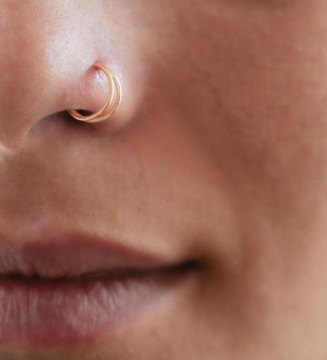 Double Nose Ring, Solid Gold Nose Hoop, Minimalist Nose Ring, Delicate ...