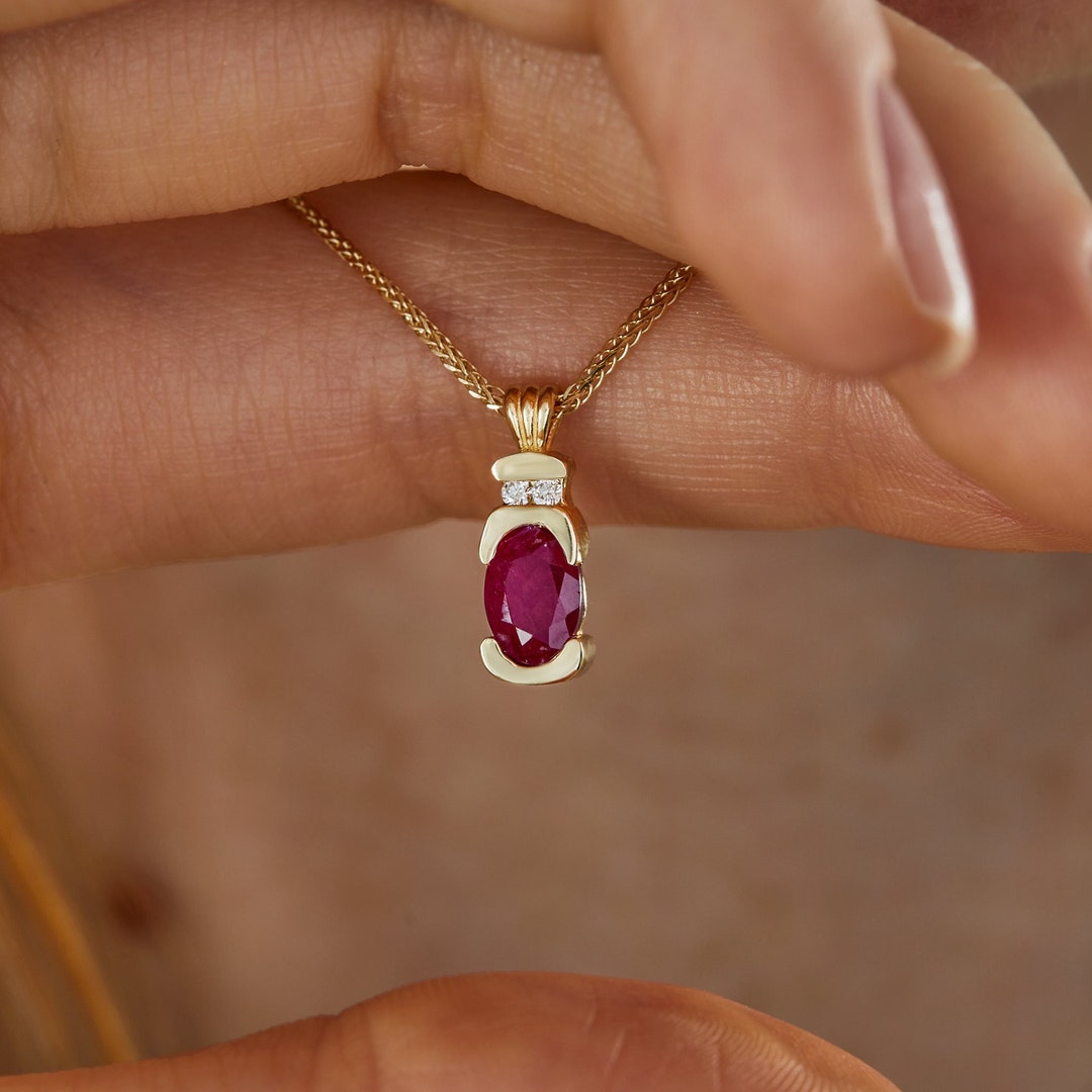 Ruby Gold Necklace, Diamond Necklace, Gold Pendant Necklace, Solid Gold ...